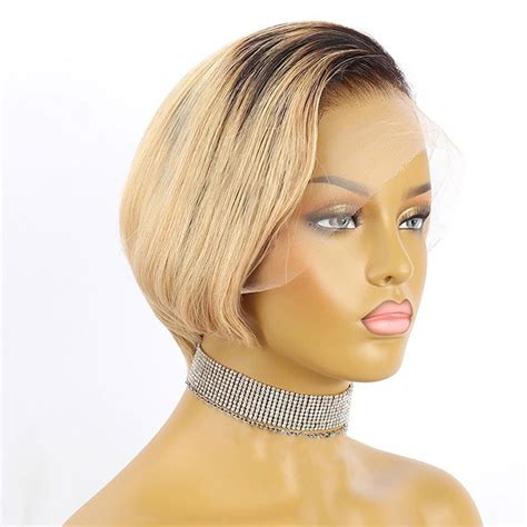 Ombre Blonde Short Pixie Cut Bob Wig Human Hair Lace Front Wig