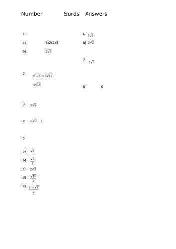 Simplify Surds Worksheet