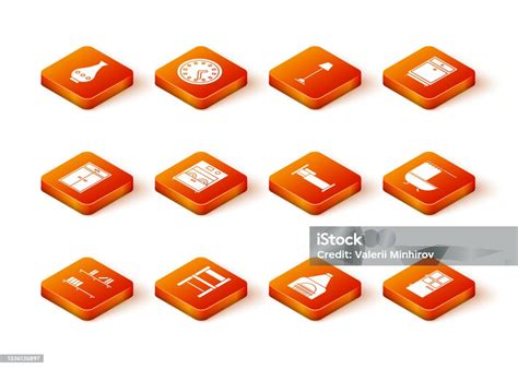 책 의자 옷장 주방 식기 세척기 기계 인테리어 벽난로 침대 폐쇄 문 및 욕조 샤워 커튼 아이콘이있는 선반을 설정합니다 벡터 0