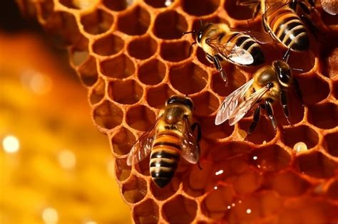 Premium Ai Image Honeymaking Process Close Up Of Bees Tending To Honey Cells