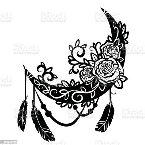 장미와 깃털 로고 흰색 배경에 고립 된 개체로 장식 된 보호 스타일의 초승달 벡터 0명에 대한 스톡 벡터 아트 및 기타 이미지