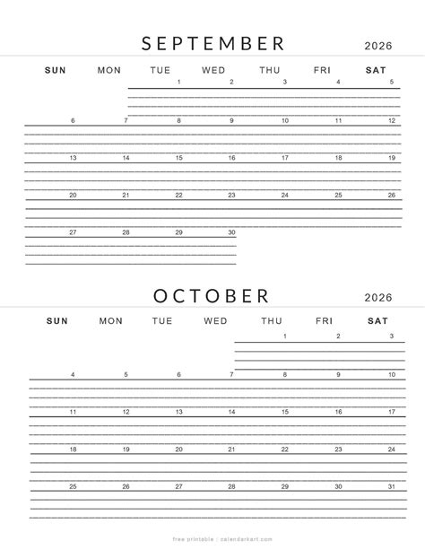 September October 2026 Calendars Free Printable Pdfs Calendarkart