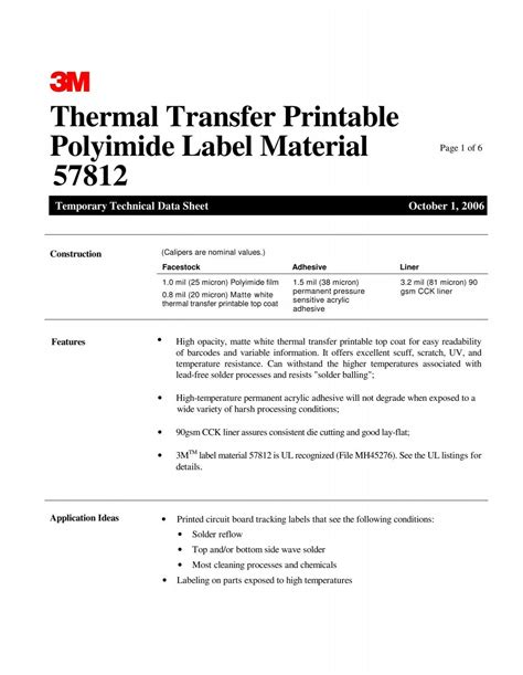 S Thermal Transfer Printable Polyimide Label Material 57812