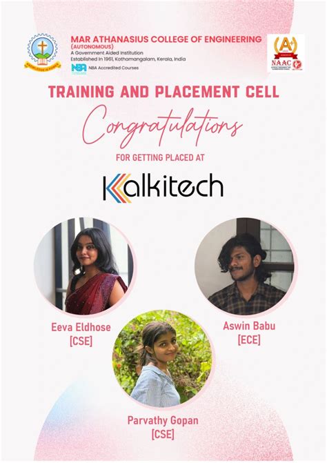 Congratulations To Eeva Eldhose Aswin Babu And Parvathy Gopan On Your Placements At