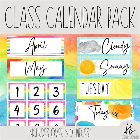 Printable Classroom Calendar Pack Watercolor Rainbow Bulletin Board Calendar Elementary