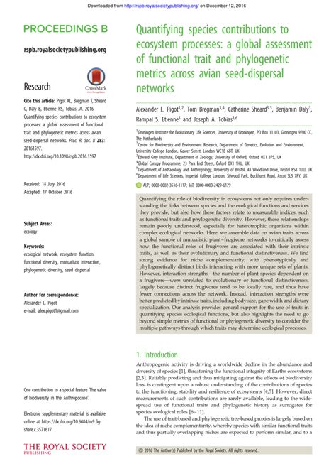 Pdf Quantifying Species Contributions To Ecosystem Process A Global