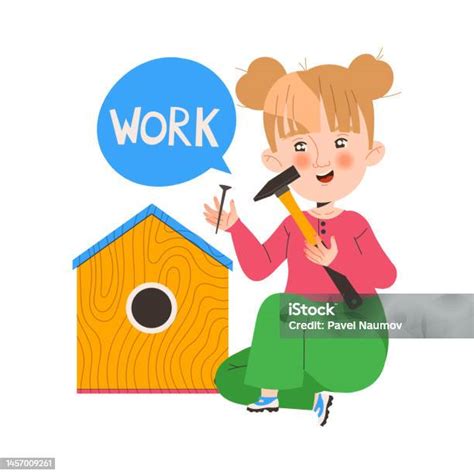 손톱과 망치로 둥지 상자를 만드는 어린 소녀 영어 단어 벡터 일러스트 레이 션 학습 Diy에 대한 스톡 벡터 아트 및 기타 이미지 Diy 격언 교육 Istock