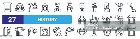 종이 스핑크스 가이드 이집트 바이킹 선박 기둥 고대 항아리 모바일 앱 웹 디자인용 박물관 벡터 아이콘과 같은 27개의 가는 선 역사 아이콘 세트 꽃병에 대한 스톡 벡터 아트