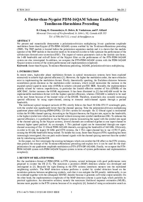 Pdf A Faster Than Nyquist Pdm 16qam Scheme Enabled By Tomlinson