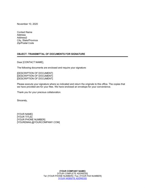 Sample Transmittal Of Documents For Signature Template Document