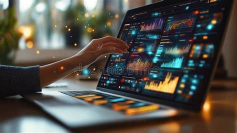 Person Interacts With Digital Marketing Dashboard On Laptop Colorful Charts Graphs Display