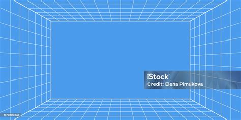 3d 와이어프레임 그리드 룸 3d 원근 레이저 그리드 16 9 흰색 메쉬가 있는 사이버 스페이스 블루 배경 가상 현실의 미래형 디지털 복도 공간 벡터 일러스트레이션 0명에