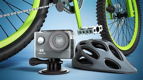 익 스 트림 스포츠 액션 카메라 자전거 헬멧과 자전거에서 3d 렌더링 파란색 배경 개념 3차원 형태에 대한 스톡 사진 및 기타 이미지 3차원 형태 금고 보안 장비