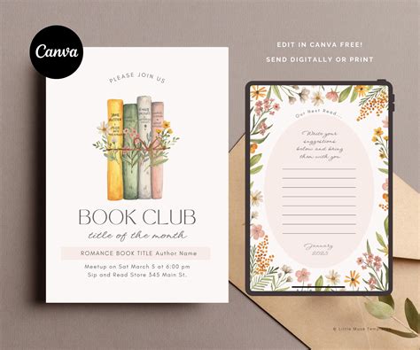 Editable Book Club Invitation Template For Canva Digital Download Etsy