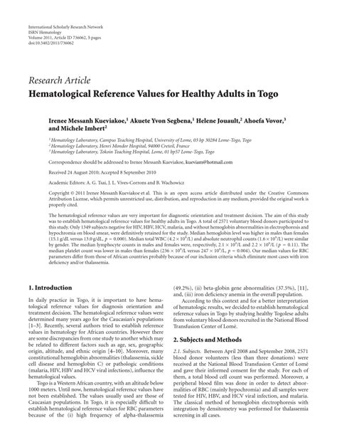 Pdf Hematological Reference Values For Healthy Adults In Togo