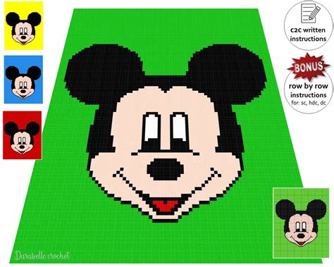 Mickey Mouse Graph Written Instructions C2c Row By Row Pdf Download Crochet Blanket