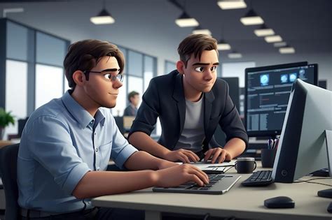 Premium Ai Image Young Programmer At Computer And Boss Chief Talking In Office Colleagues