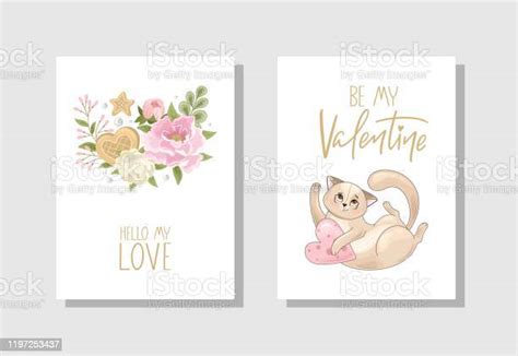 꽃 과자 가지 낭만적 인 요소와 필기 텍스트와 발렌타인 데이 인사말 카드의 집합입니다 벡터 그림입니다 초대 인사 인사말 포스터에