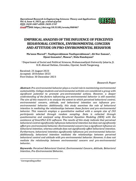 Empirical Analysis Of The Influence Of Perceived Behavioral Control Environmental Concern And