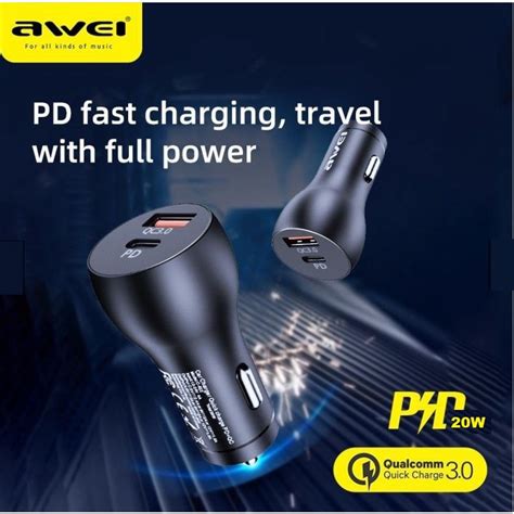 Awei C Car Charger Fast Charging Type C W PD Pin Type A High Power Charge W QC