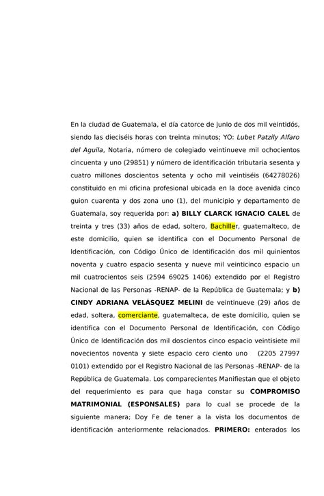 Acta De Promesa De Matrimonio En La Ciudad De Guatemala El Día
