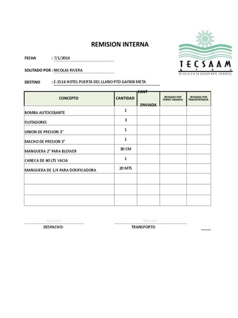 Adm Fo 001 Formato Remisión Interna Estrella Pdf Tubería