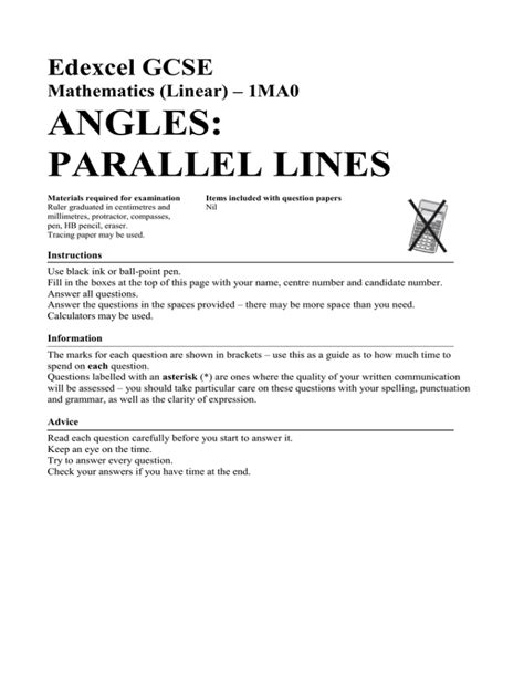 Angles And Parallel Lines Gcse Maths Worksheet