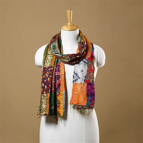 Buy Multicolor Bengal Kantha Work Reversible Patchwork Silk Stole Itokri आई टोकरी