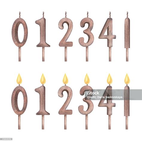 0에서 4까지의 불꽃이 갈색으로 표시된 숫자의 양초 세트 흰색 배경에 고립된 수채화 그림입니다 번호 매기기 생일 엽서 인쇄물 디자인을위한 템플릿 갈색에 대한 스톡 벡터 아트
