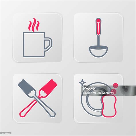 세트 라인 설거지 교차 포크 주방 국자 및 커피 컵 아이콘 벡터 가정 생활에 대한 스톡 벡터 아트 및 기타 이미지 가정 생활