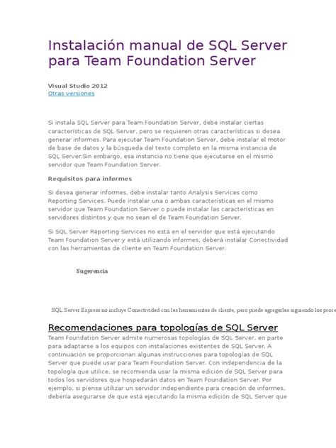 instalación manual de sql server para team foundation server pdf