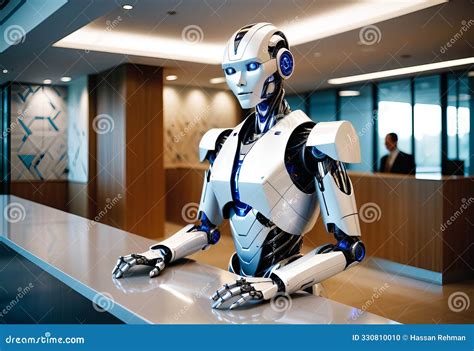 A Humanoid Robot Standing At A Reception Desk In A Modern Office Lobby