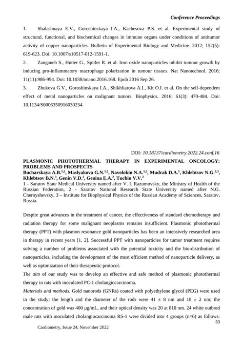 Pdf Plasmonic Photothermal Therapy In Experimental Oncology Problems