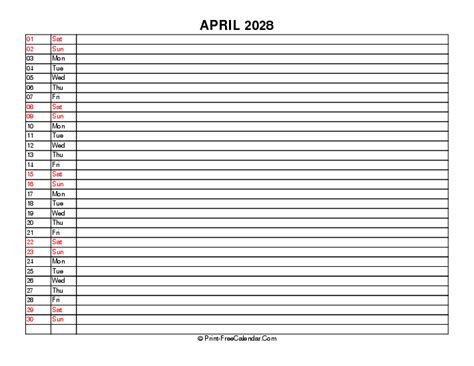 April 2028 Calendars Word Pdf Excel