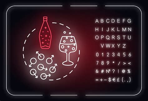 버블 네온 라이트 컨셉 아이콘 탄산 음료 와인 테이스팅 조언 아이디어 알파벳 숫자 및 기호가있는 외부 빛나는 기호입니다 버릇없는 알코올 음료 표지판 벡터 격리 Rgb 색상