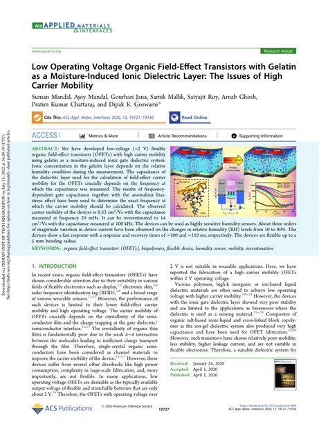 Pdf Low Operating Voltage Organic Field Effect Transistors With Gelatin As A Moisture Induced