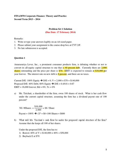 Problem Set 1 Solution 1 Pdf Capital Structure Stocks