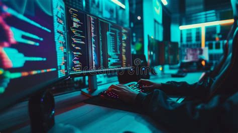 Programmer Working At Multi Screen Computer Setup With Coding Interface