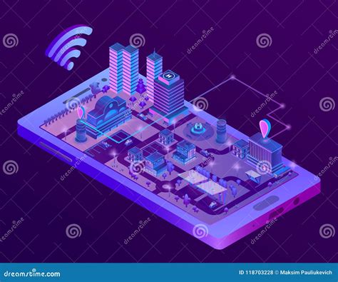 Vector Isometric Smart City On Smartphone Screen Stock Vector Illustration Of Route
