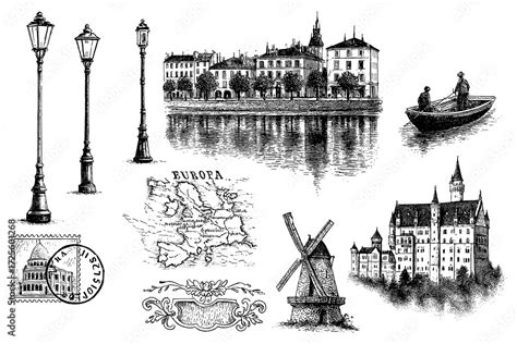 Vintage European Landmarks Collage With Cathedrals Castles Gondola Map