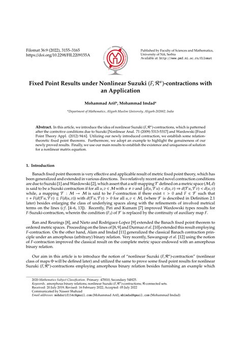 Pdf Fixed Point Results Under Nonlinear Suzuki F R Contractions
