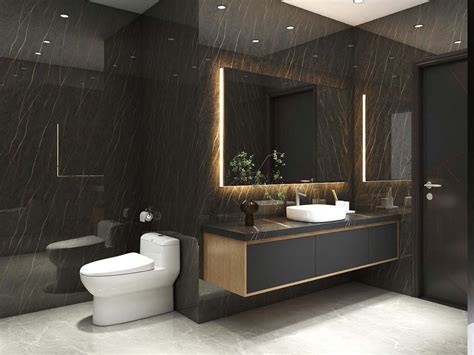 მდიდრული თანამედროვე აბაზანის კარადები დრამატული მარმარილოს აქცენტებით Pa სამზარეულო