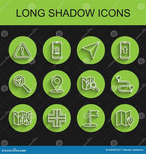 Set Line Folded Map With Location Marker Road Traffic Sign Exclamation In Triangle Flag Map