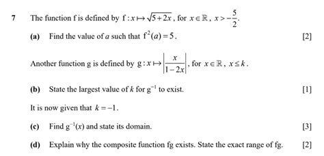 7 The Function F Is Defined By F X 52x For X R X 52 A Find The Value Of A Such That Fa