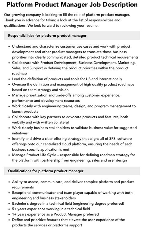 Platform Product Manager Job Description Velvet Jobs