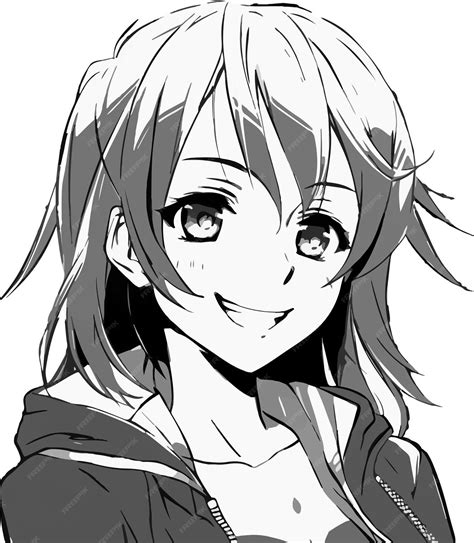Happy And Shy Smiling Anime Girl Greyscale Illustration Premium Ai