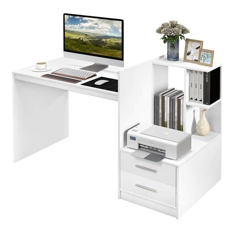 Tangkula White Desk With 2 Storage Drawers And Bookshelf
