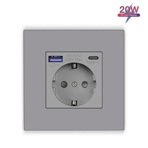 Розетка электрическая 1 пост с Usb Type C Аc быстрая зарядка 20w рамка пластик цвет серый