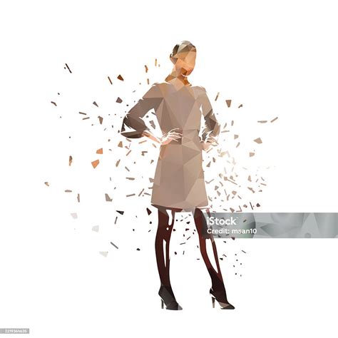 엉덩이에 손을 얹고 서 있는 비즈니스 우먼 여성 패션 모델 낮은 폴리 클립 아트입니다 분산 효과가 있는 고립된 벡터 기하학적 일러스트레이션 Fashion Show에 대한