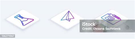 등분성 라인 테스트 튜브를 설정하고 플라스크 화학 실험실 종이 비행기와 시험 시트와 지우개를 연필 흰색 정사각형 버튼 벡터 3차원 형태에 대한 스톡 벡터 아트 및 기타